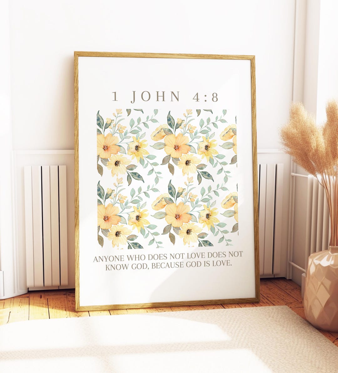 1 John 4:8 Floral Christian Wall Art, Bible Verse Poster, Yellow ...