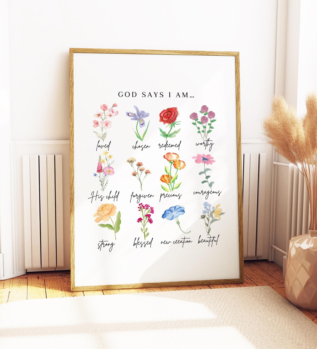 God Says I Am Floral Christian Poster, Bible Verse Scripture Wall Art ...