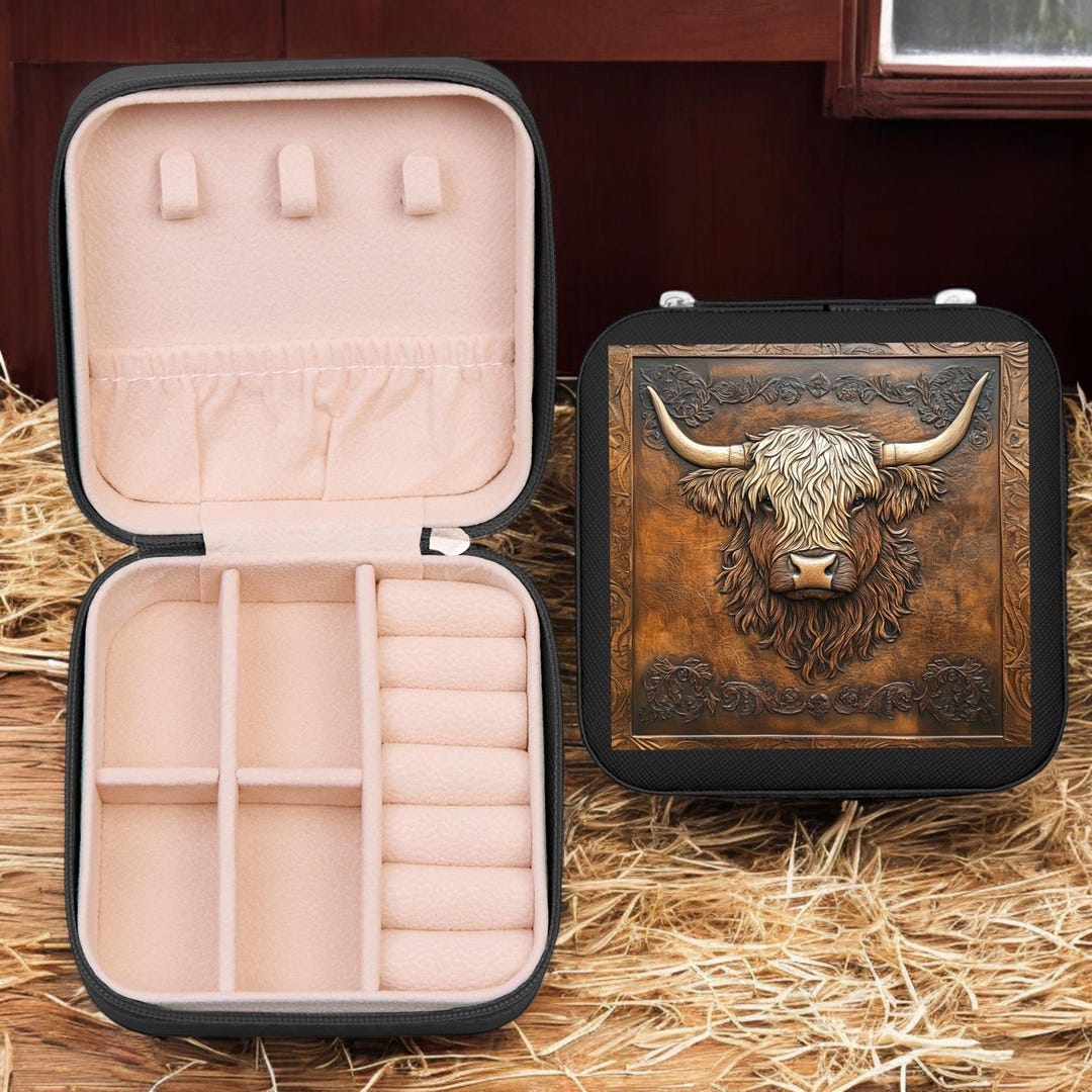 Jewelry Travel Case, Highland Cow Jewelry Box, Black Faux Leather, Faux ...