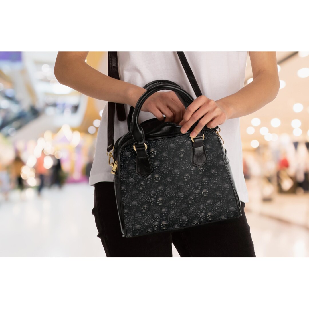 Purse Black Skulls and Flowers on a Black Purse. Gothic Shoulder Bag ...