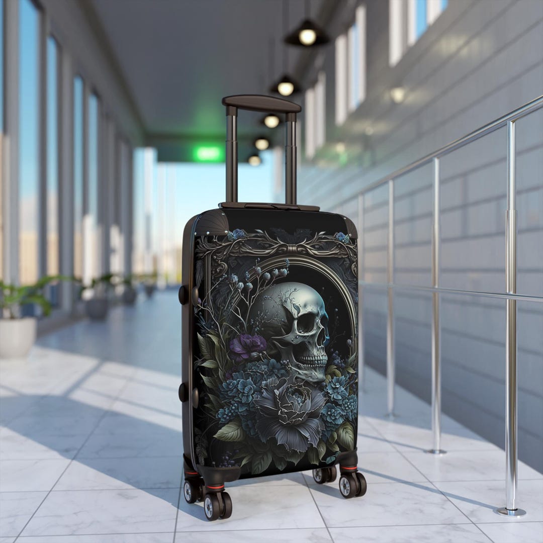 Gothic Skull and Blue Gray Flowers Suitcase Moody Floral Travel Luggage ...