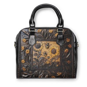 Bees and Sunflowers Faux Tooled Leather Crossbody Floral Bag, Black ...