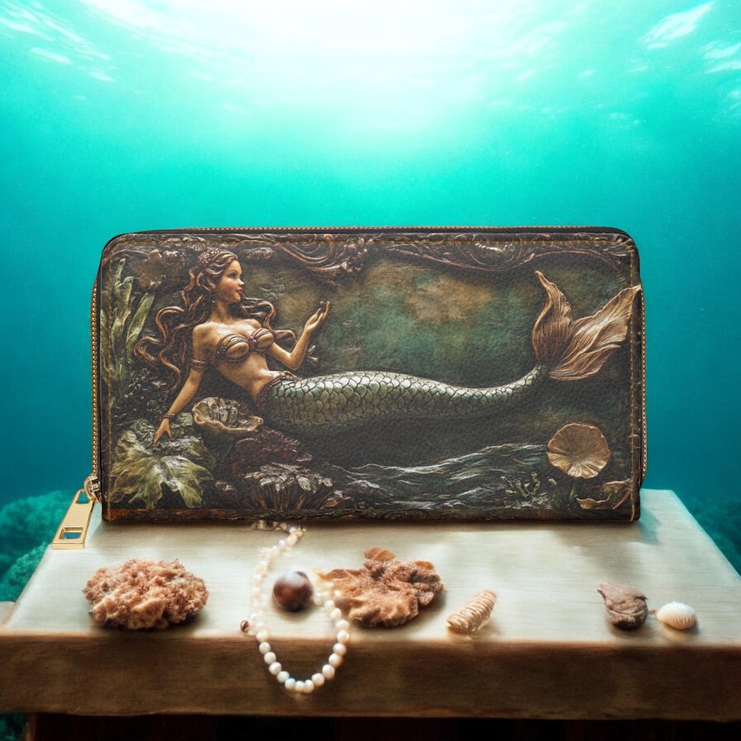 Mermaid Zipper Wallet, Fantasy Clutch Purse, Ocean Lover Faux Leather ...