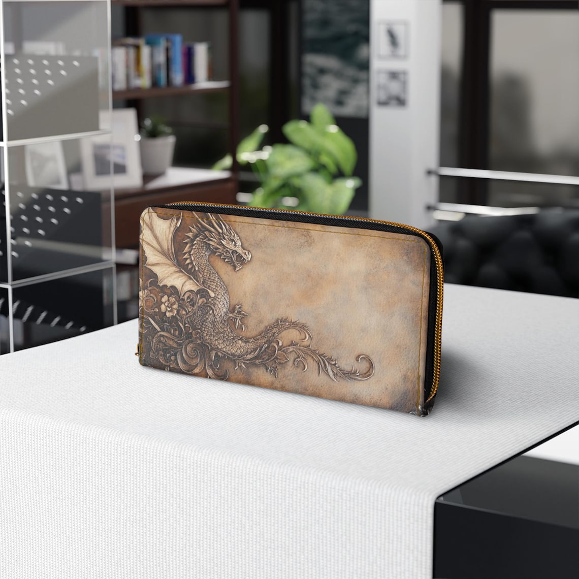 Zipper Wallet, Dragon Design, Faux Leather, Filagree Print, Brown ...