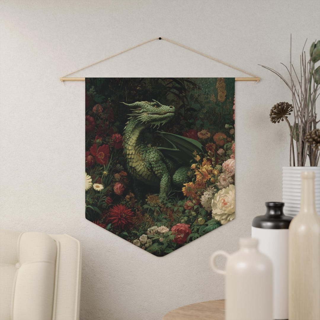 Green Dragon Among Roses Pennant, Floral Fantasy Wall Banner, Dragon ...