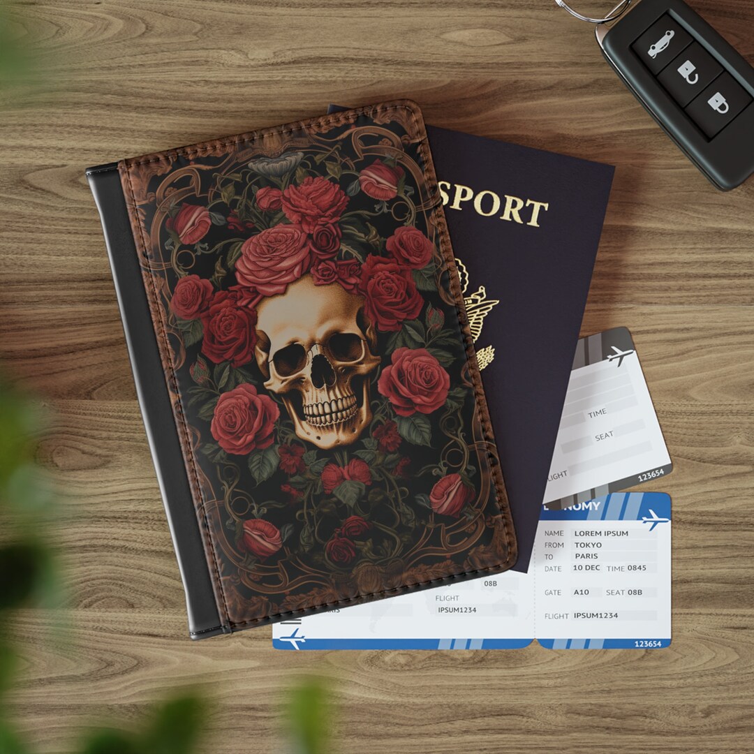 Gothic Passport Cover. Skull and Roses Passport Holder, Travel Wallet ...