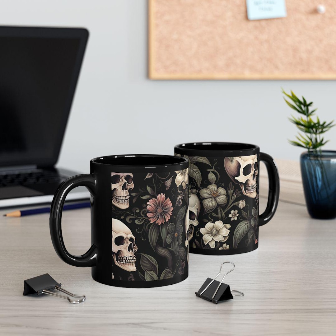 Mug! Skulls and Flowers on a Black Mug, 11&15oz. Soft Neutral Toned ...