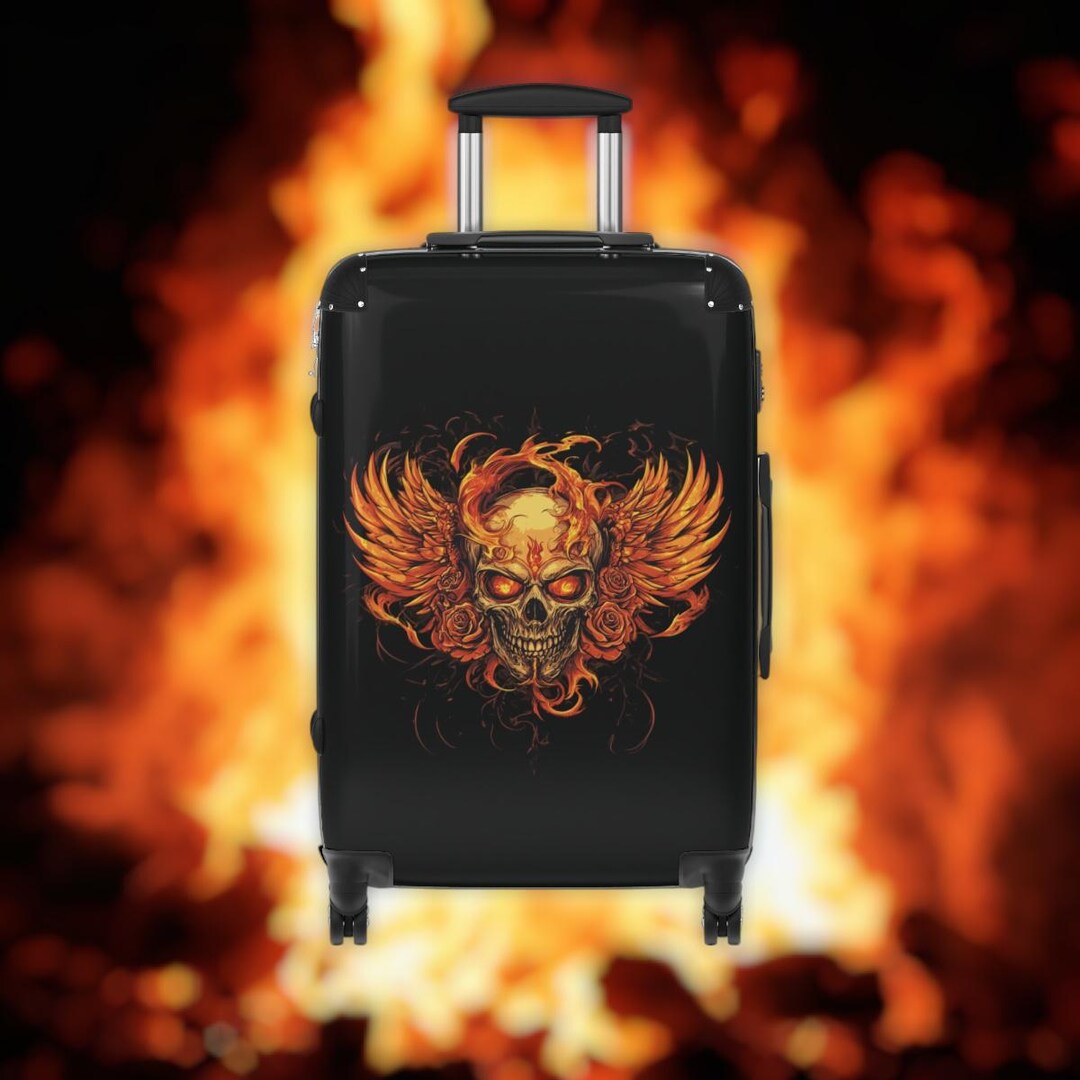 Skull Suitcase. Flaming Skull Luggage, Black Hard Side, Carry on ...