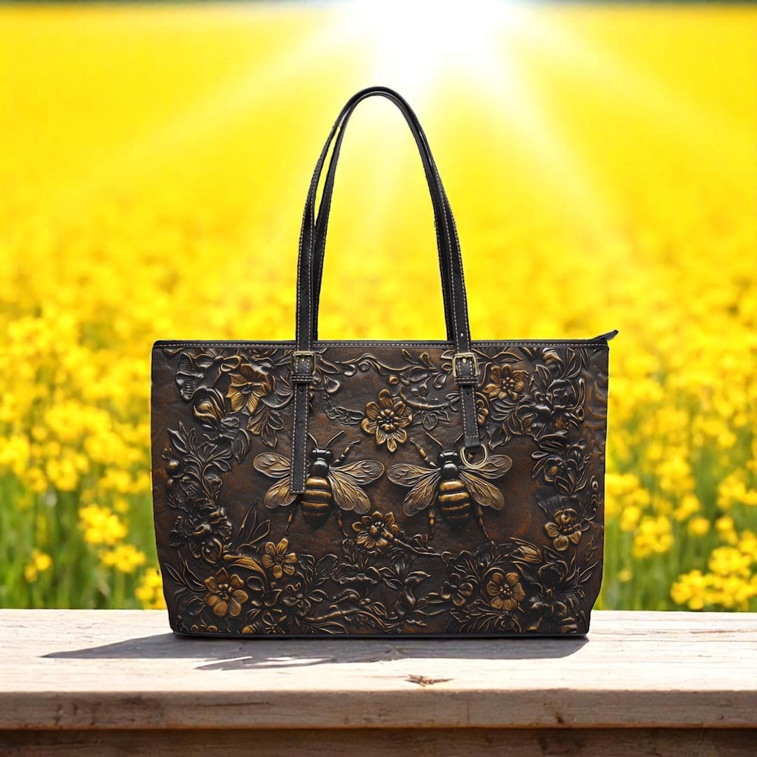 Western Bee Tote Bag Purse With Flowers, Rustic Vegan Leather Handbag ...