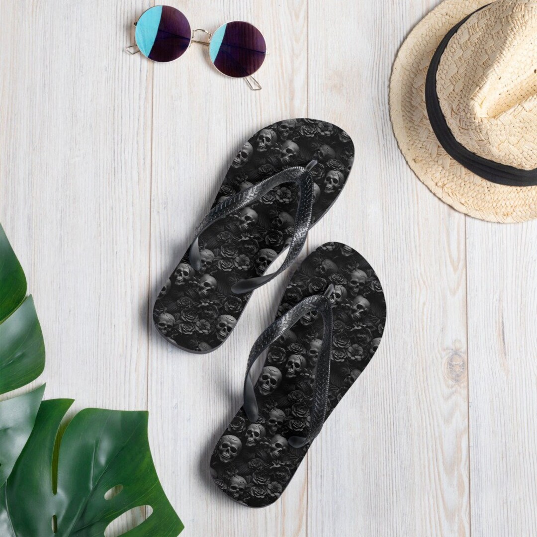 Flip-flops Black Skulls and Flowers on Unisex Flip Flops. Gothic, Cool ...