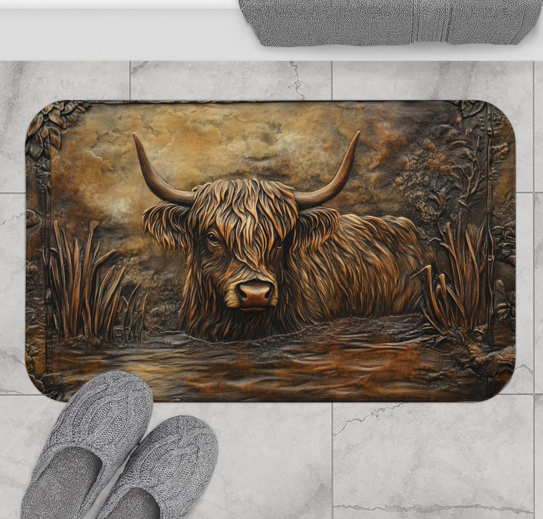 Highland Cow Bath Mat, Western Rustic Bathroom Decor, Cute Shower Mat ...
