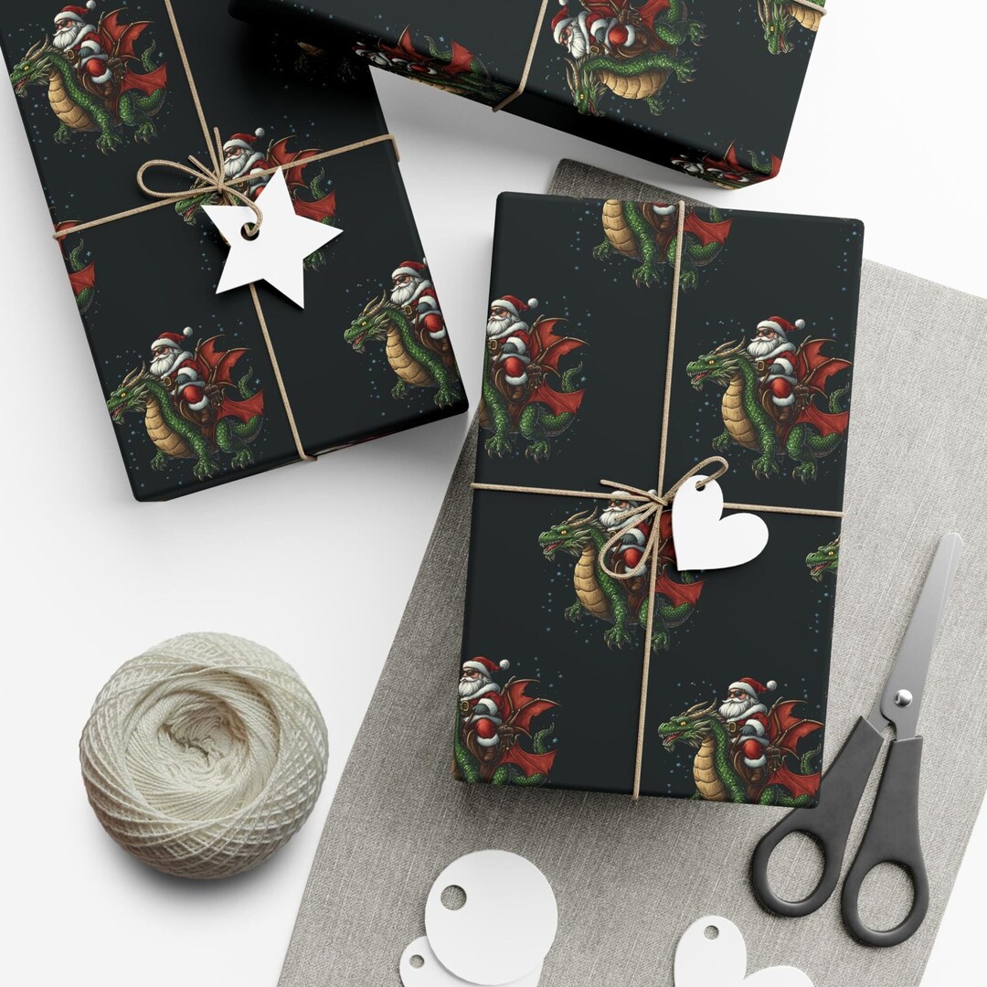 Dragon Gift Wrap Santa Riding a Dragon Fantasy Wrapping Paper, Black ...