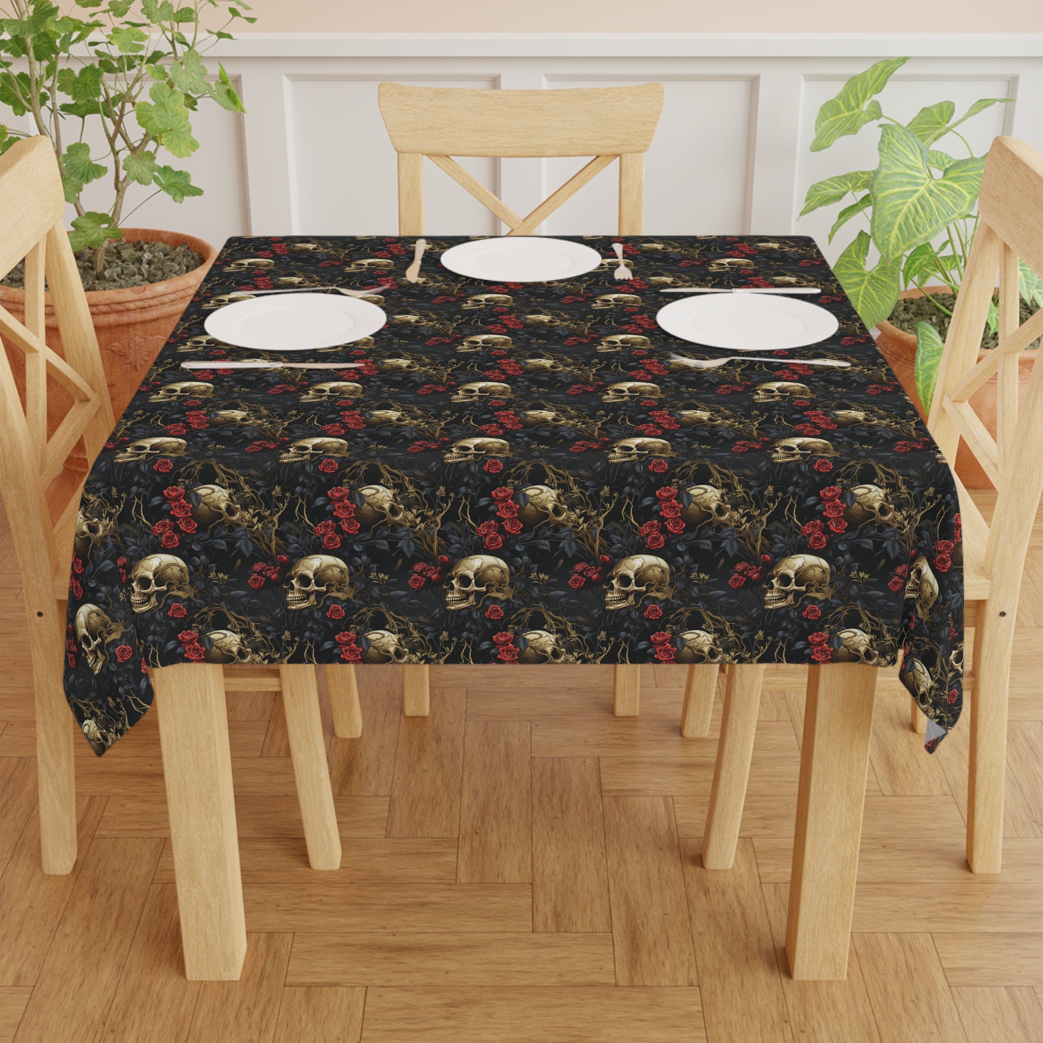 Tablecloth Gothic Tablecloth With Skulls and Flowers. Black - Etsy