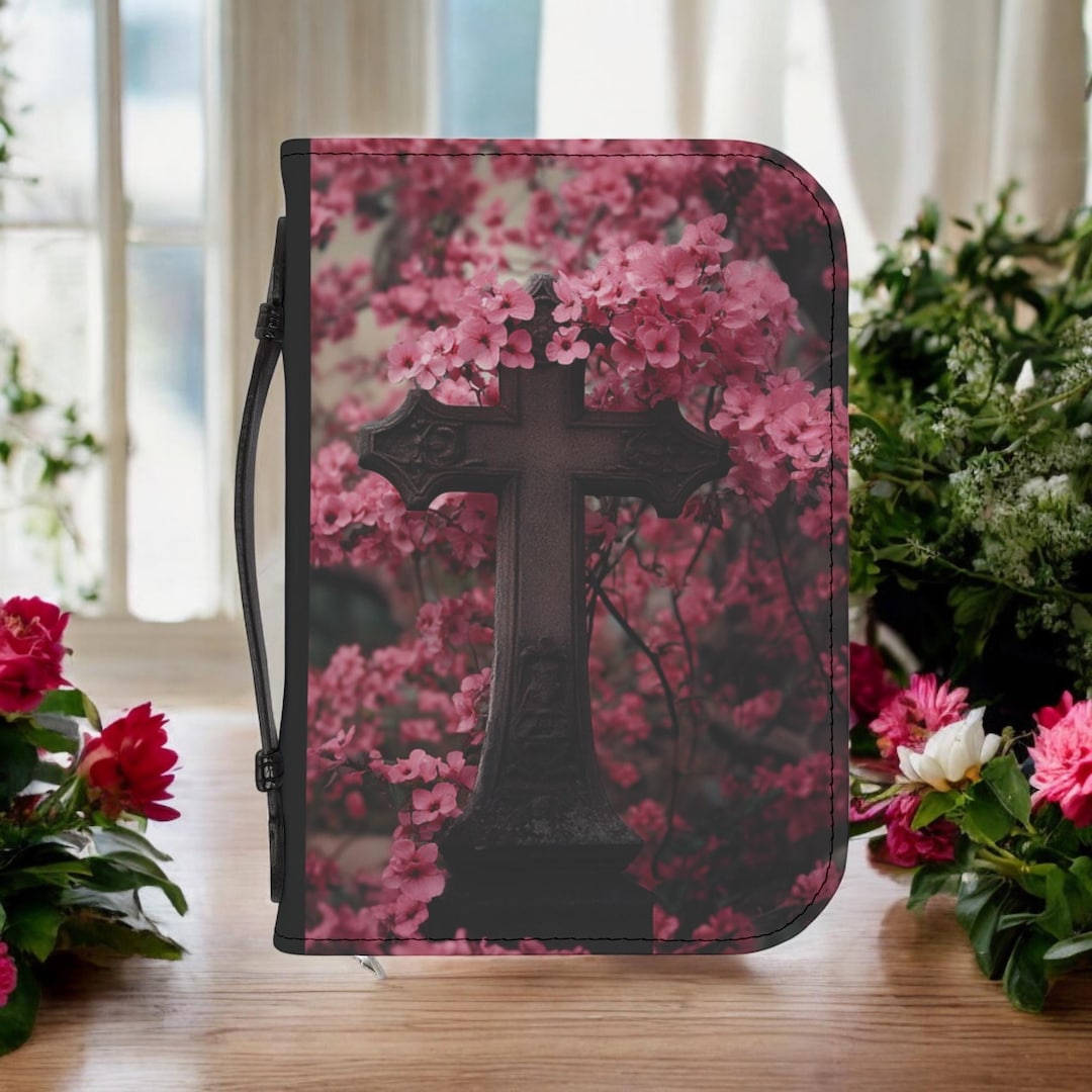 Mystical Southern Gothic Cross Bible Cover With Pink Blossoms Print ...
