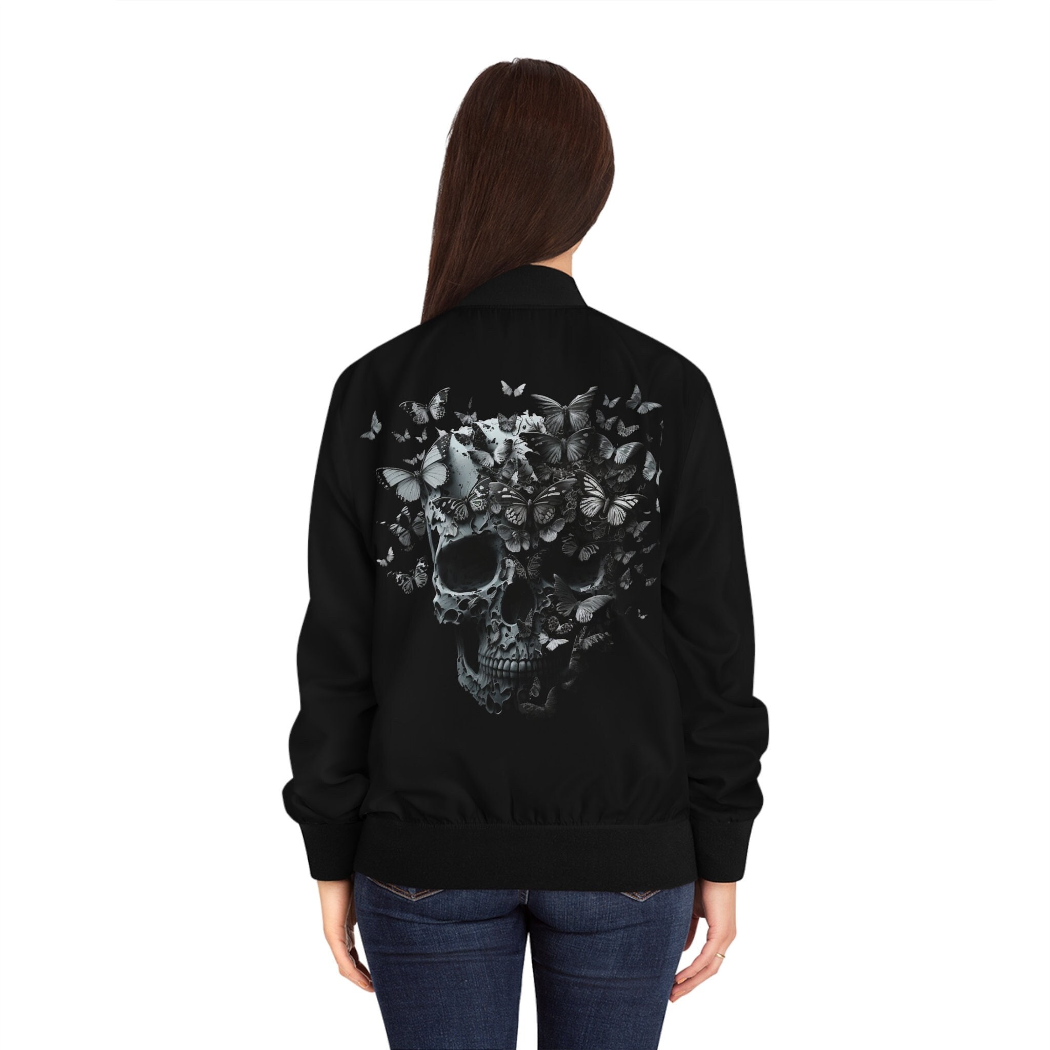 Women's Bomber Jacket Black Jacket With Butterflies and Skulls Pretty ...