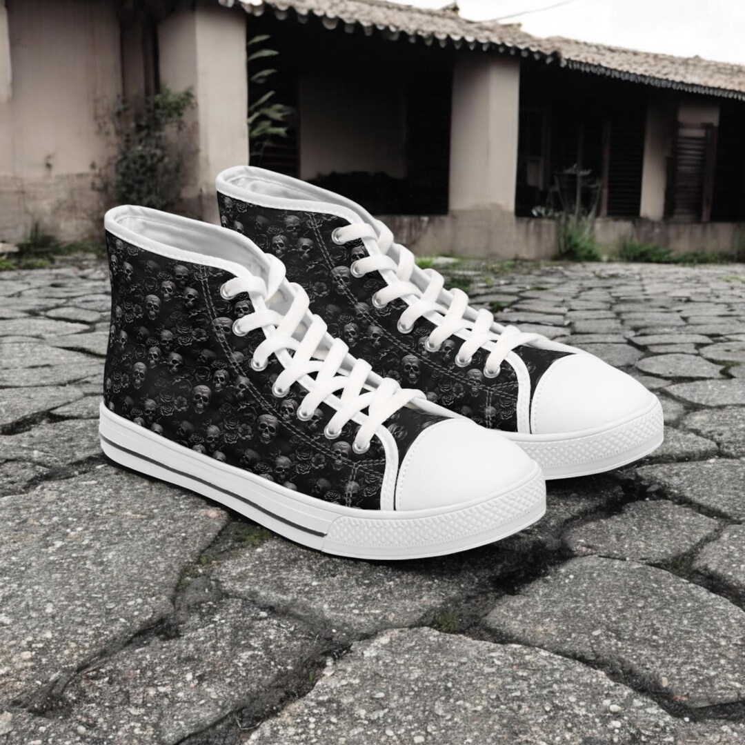 Gothic Skull and Flower Women's High Top Sneakers, Black or White Sole ...