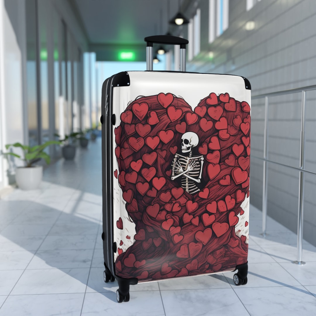 Suitcase Black Luggage With a Cute Skeleton Surrounded by Red Hearts. 2 ...