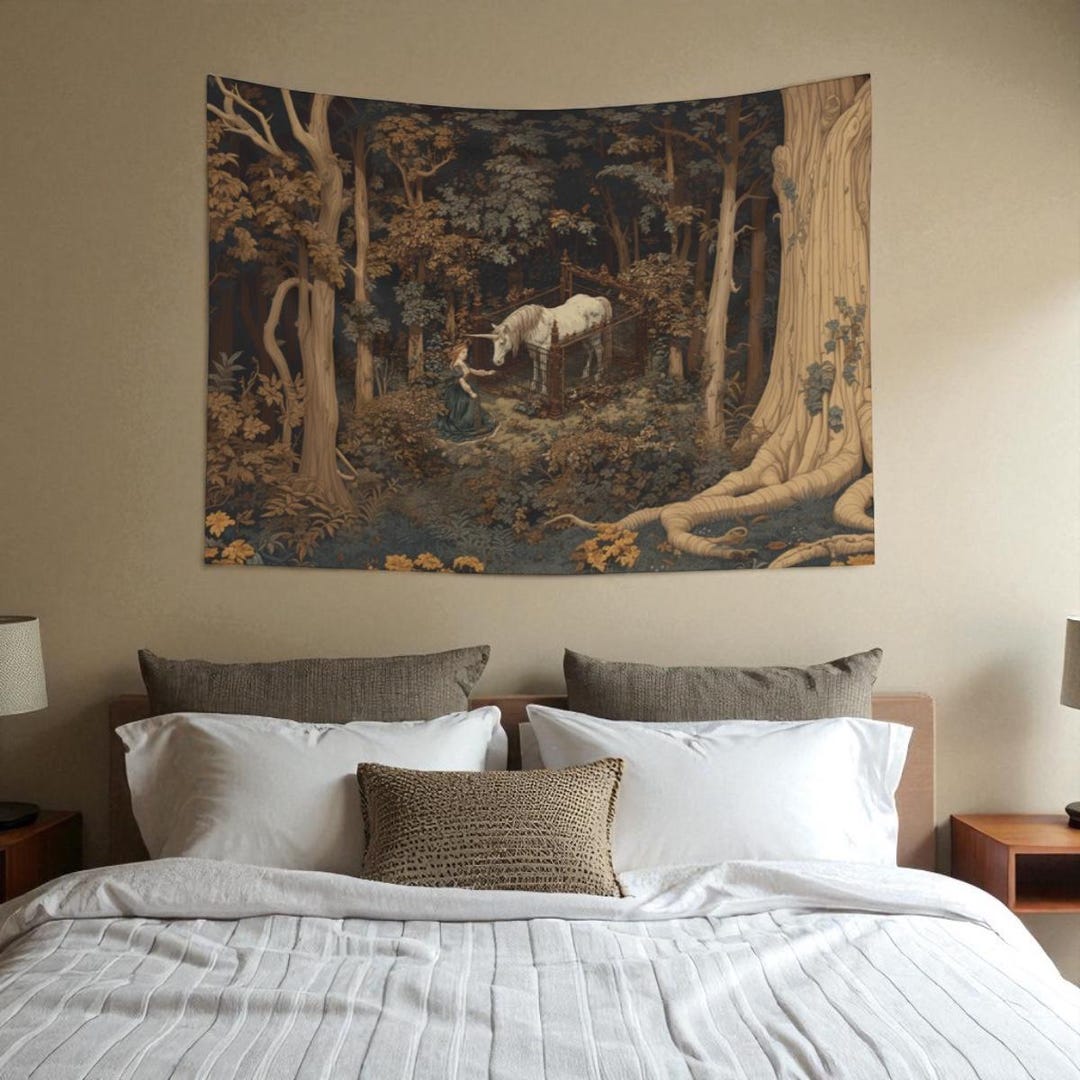 Tapestry, Enchanted Forest Wall Art , Magical Home Decor, Caged Unicorn ...