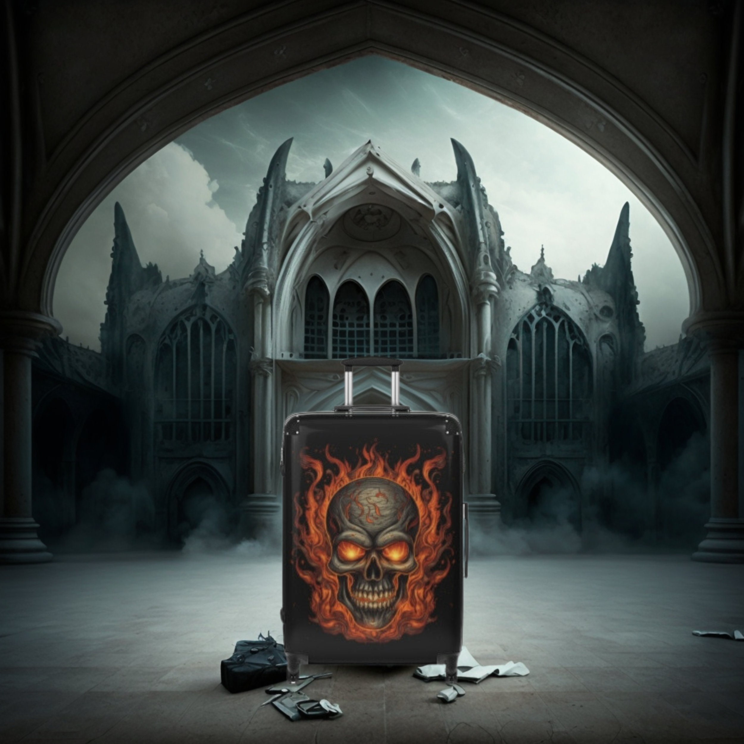 Skull luggage! Flaming skull suitcases. Available in 3 sizes. Probably ...