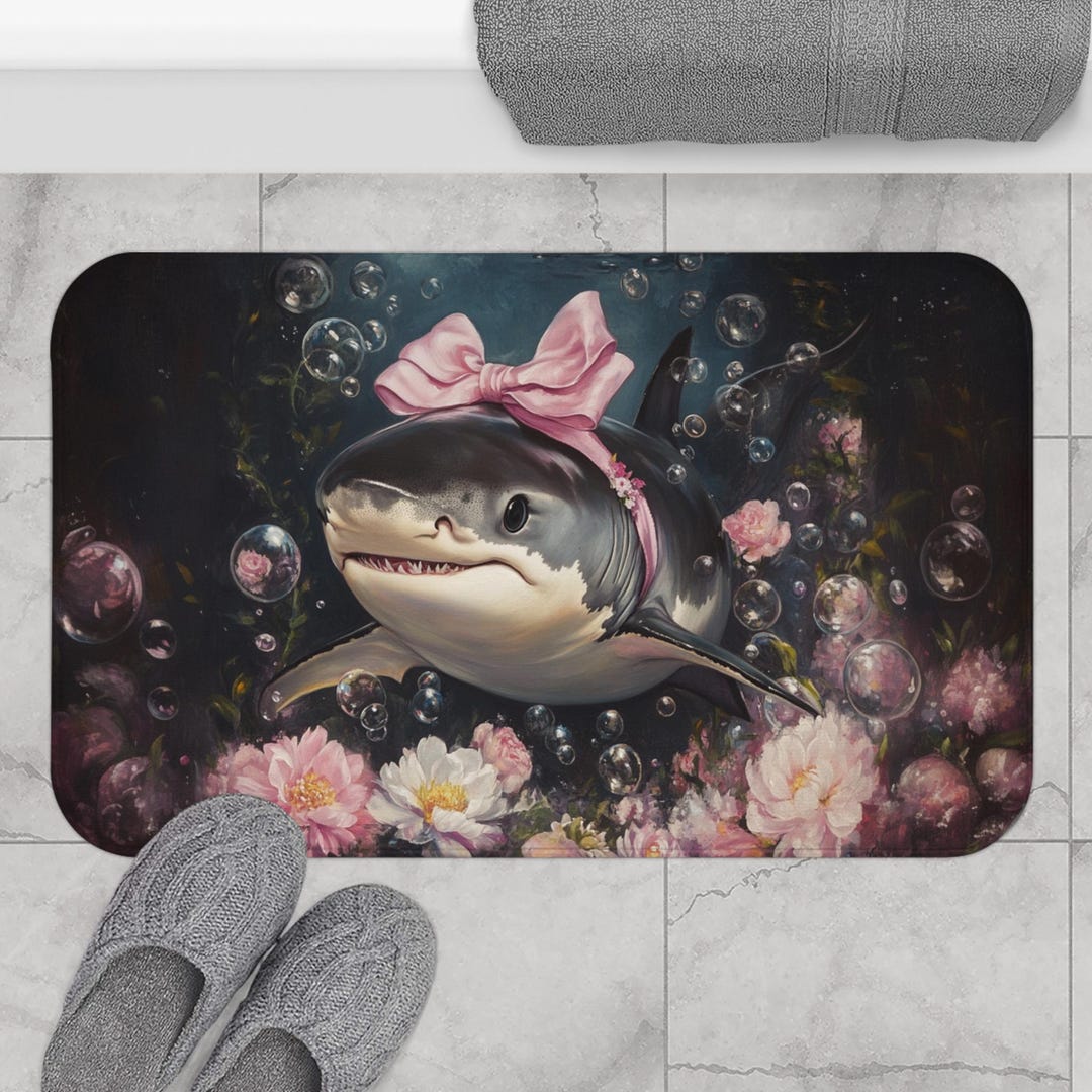 Whimsical Shark Bath Mat With Pink Bow, Fun Bathroom Decor, Unique Gift ...