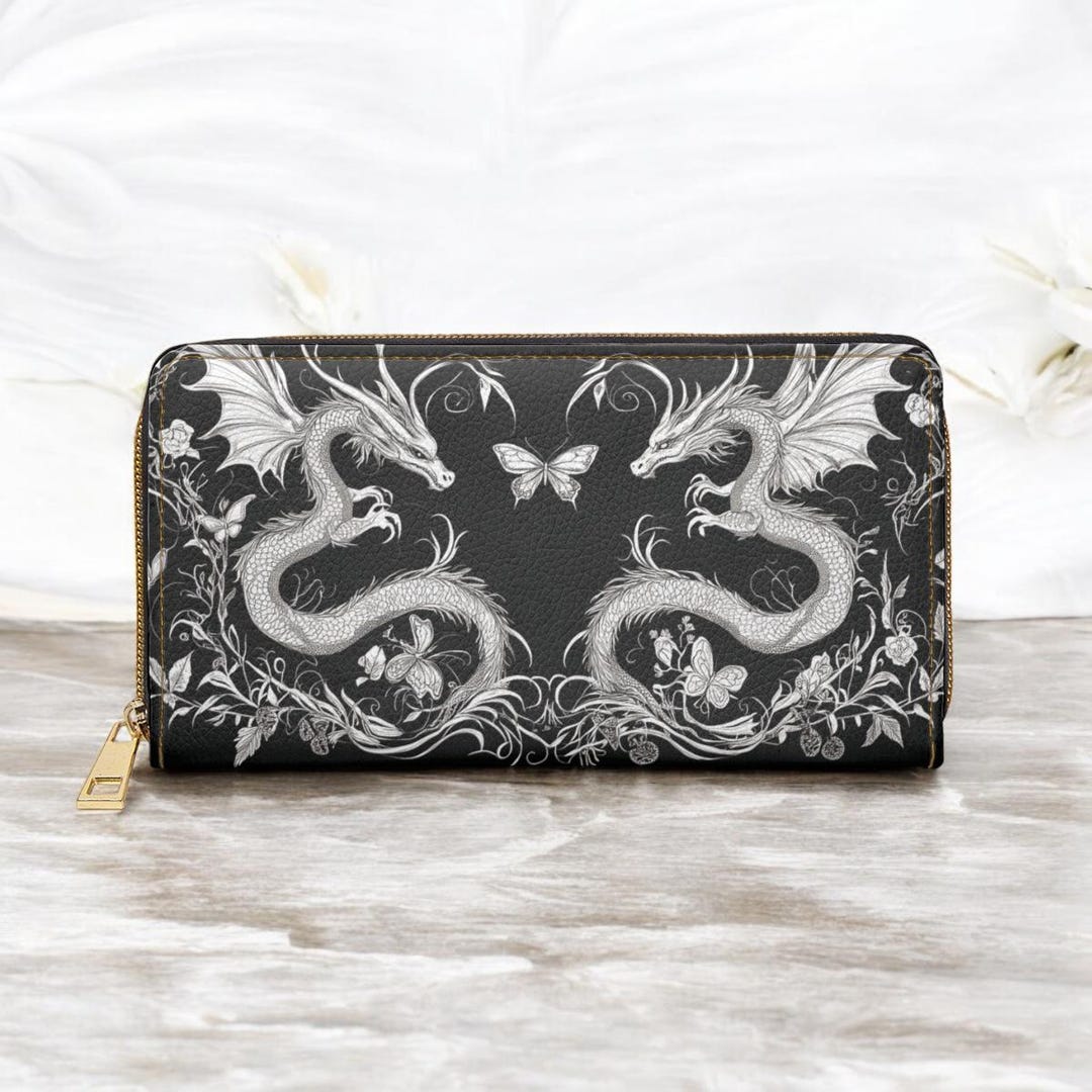 Dragon Wallet. Black and White Zipper Wallet. Dragons and Butterflies ...