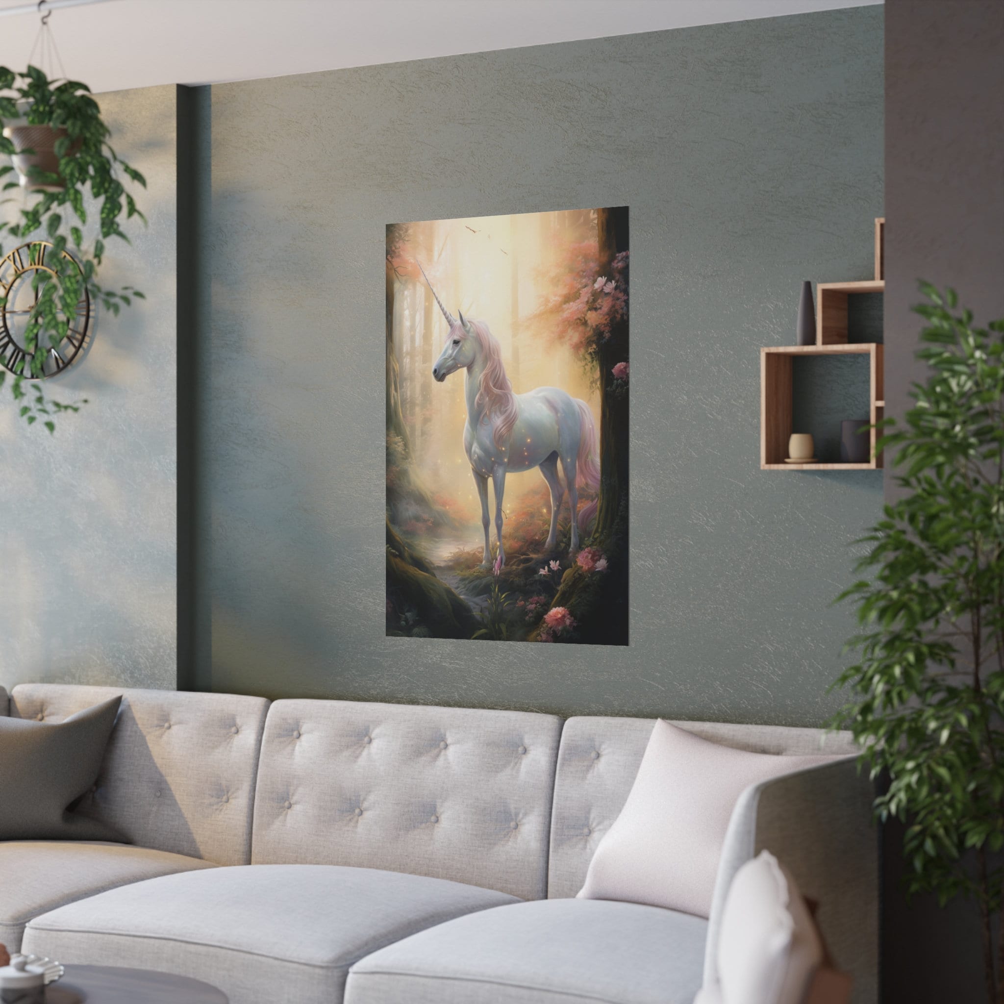 Unicorn Poster! Pretty Unicorn Standing in a Sunlit Forest With Pink ...