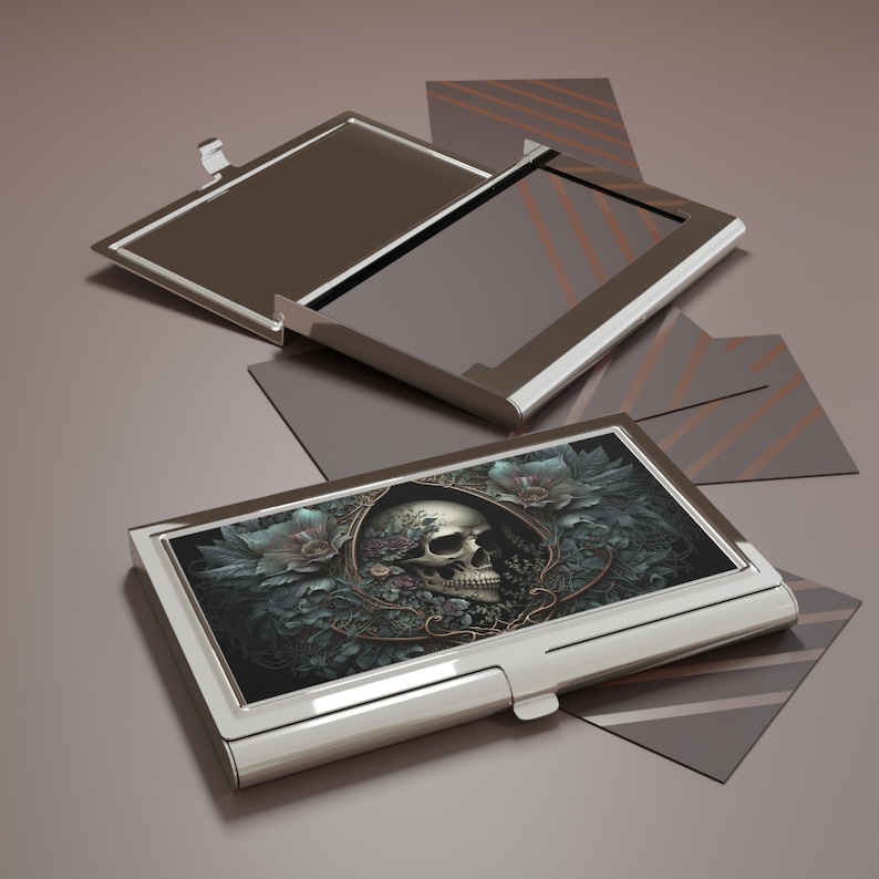 Gothic Card Holder. Stunning Skull Business Card Case. Metal Surface ...