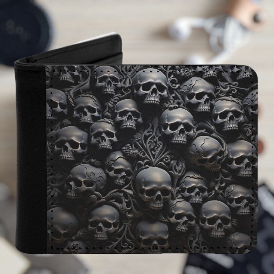 Men's Wallet. Skulls Billfold. Faux Leather Guy's Small Wallet. Gothic ...