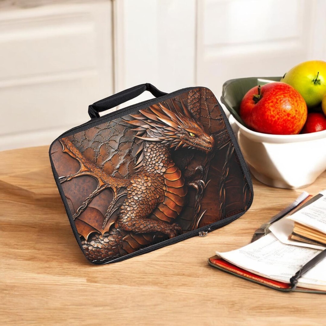 Dragon Lunch Bag Faux Tooled Leather Look, Dragon in Shades of Brown on ...