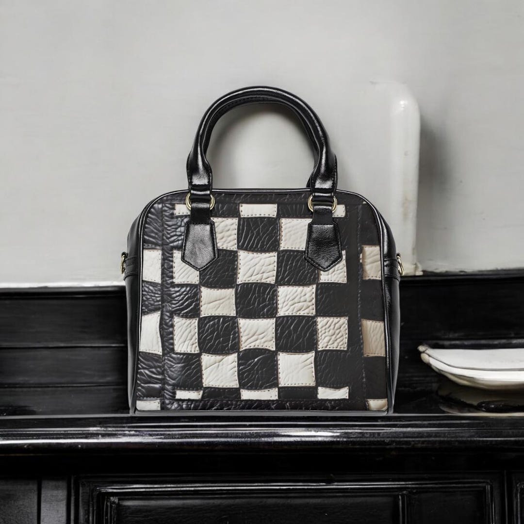 Checked Handbag, Black and White Checkered Checkerboard Faux Leather ...