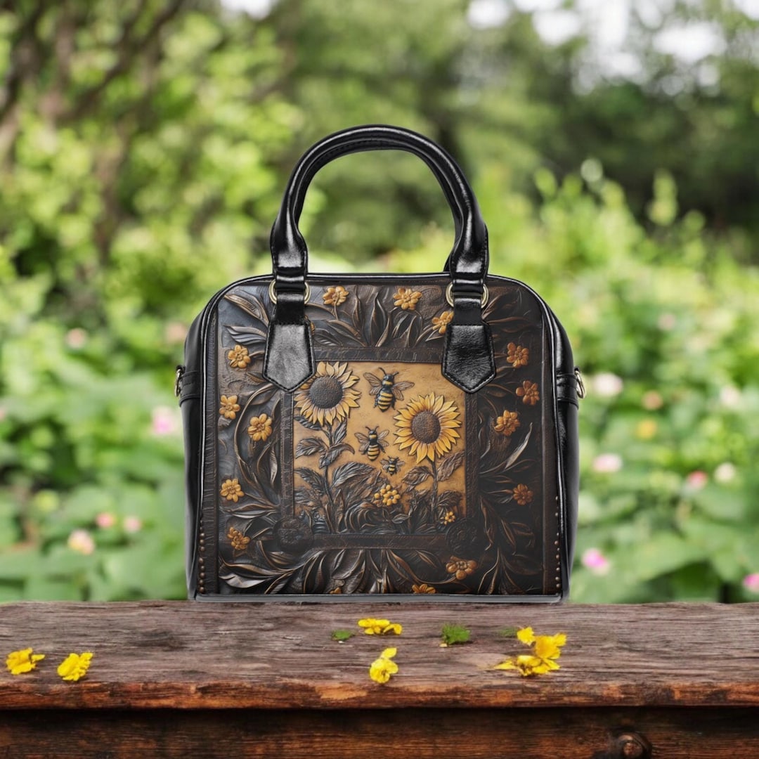 Bees and Sunflowers Faux Tooled Leather Crossbody Floral Bag, Black ...