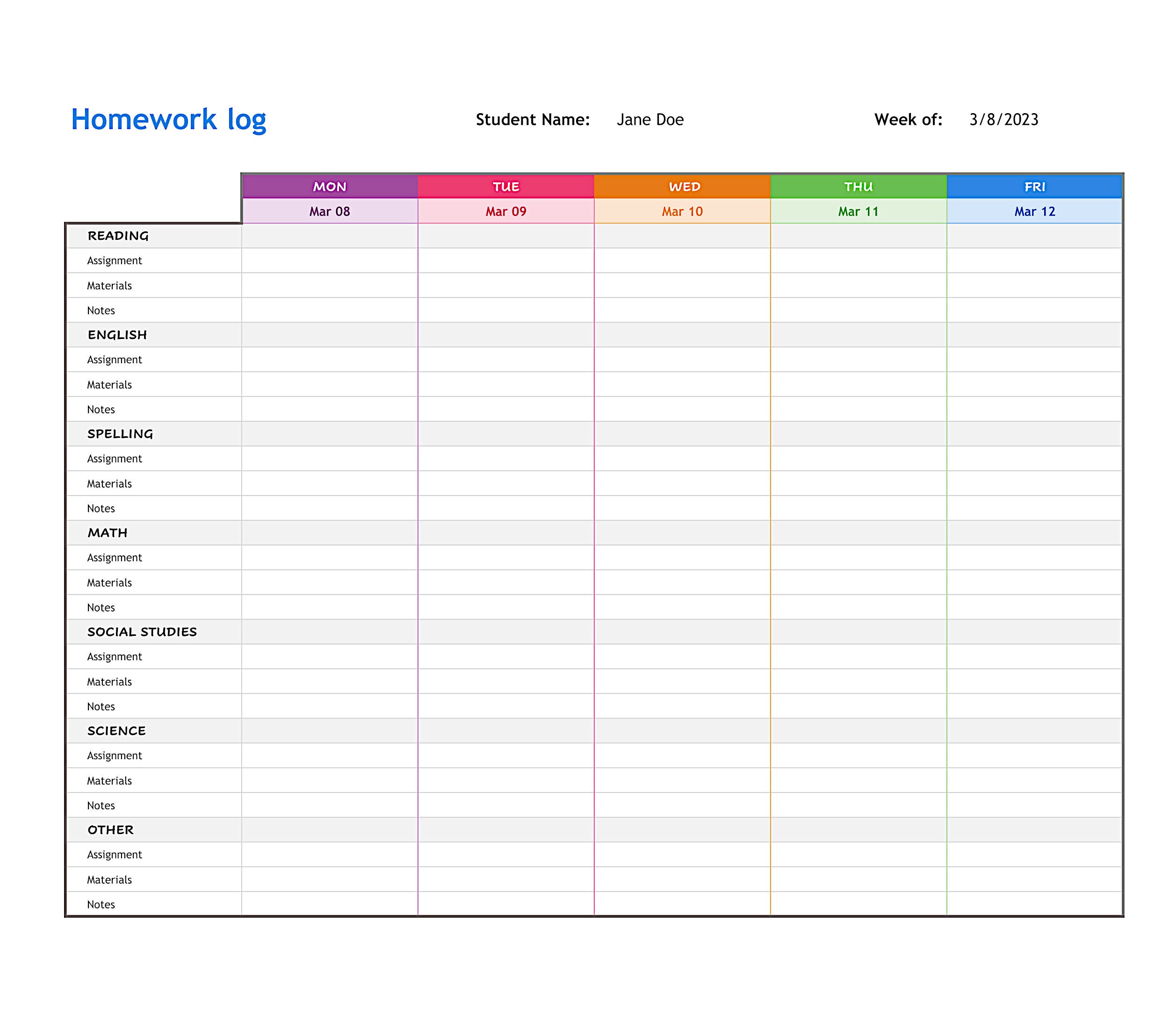 Homework Logbook, School Planner, Three Versions in Excel Format - Etsy