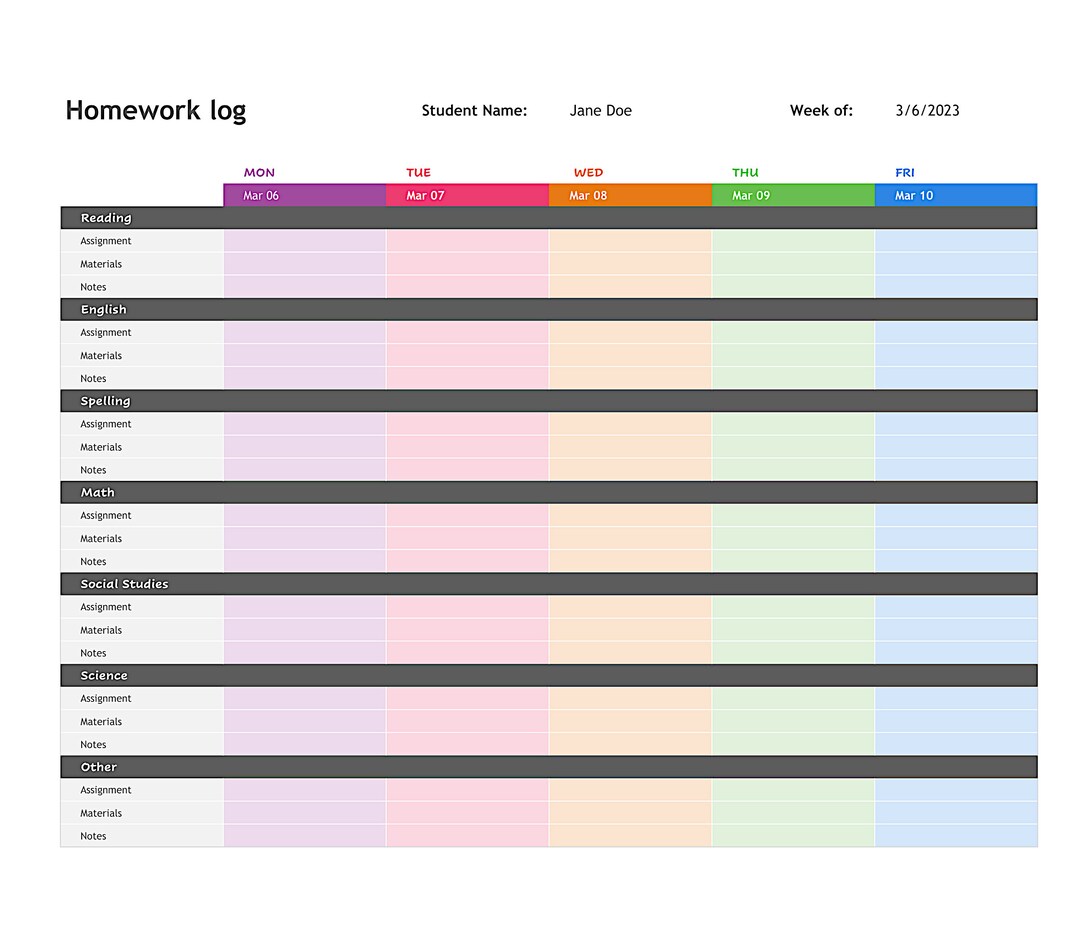 Homework Logbook, School Planner, Three Versions in Excel Format - Etsy