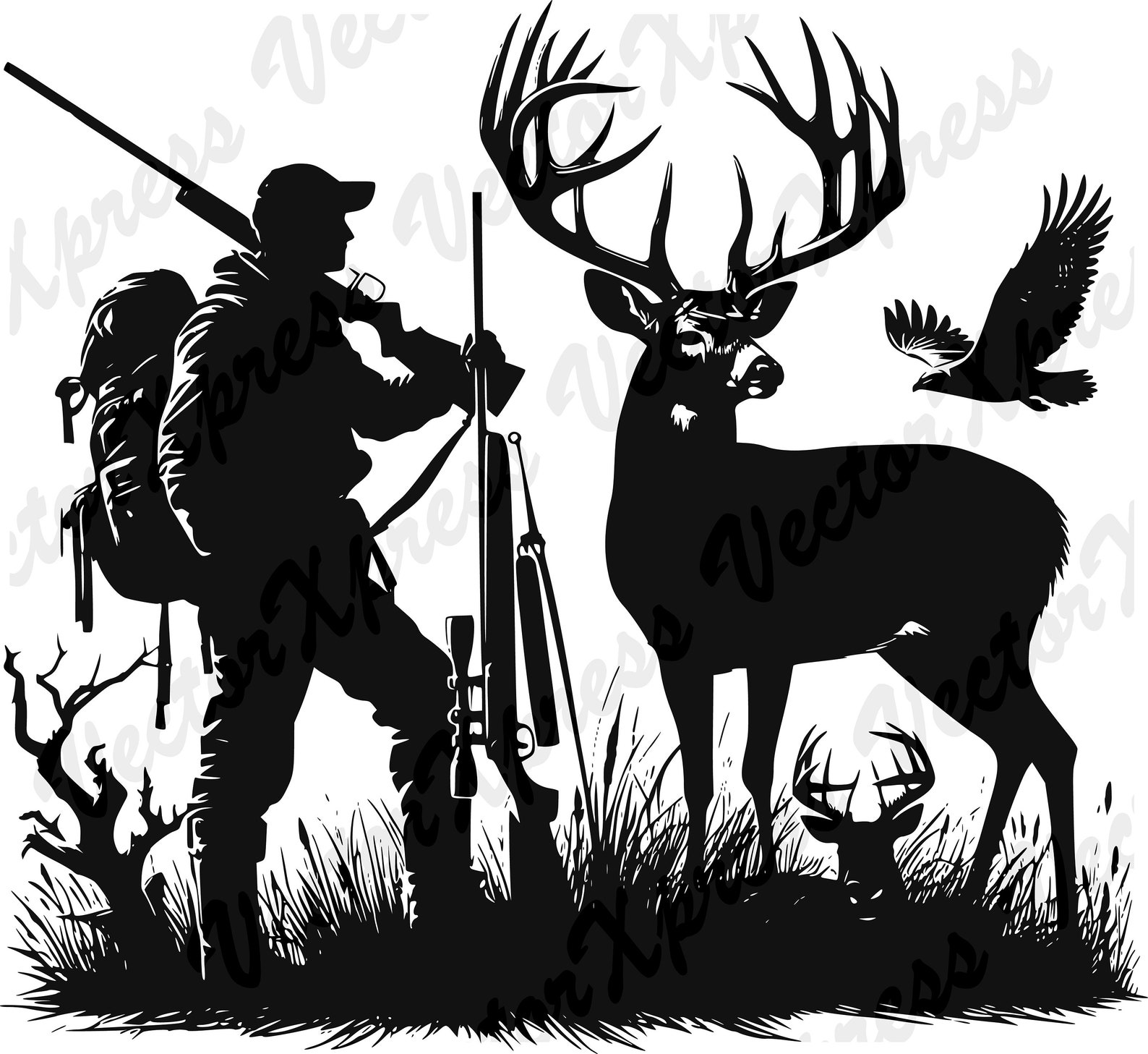 Deer Hunting Scene Silhouette Cut Files: Vector Graphic, Multiple ...