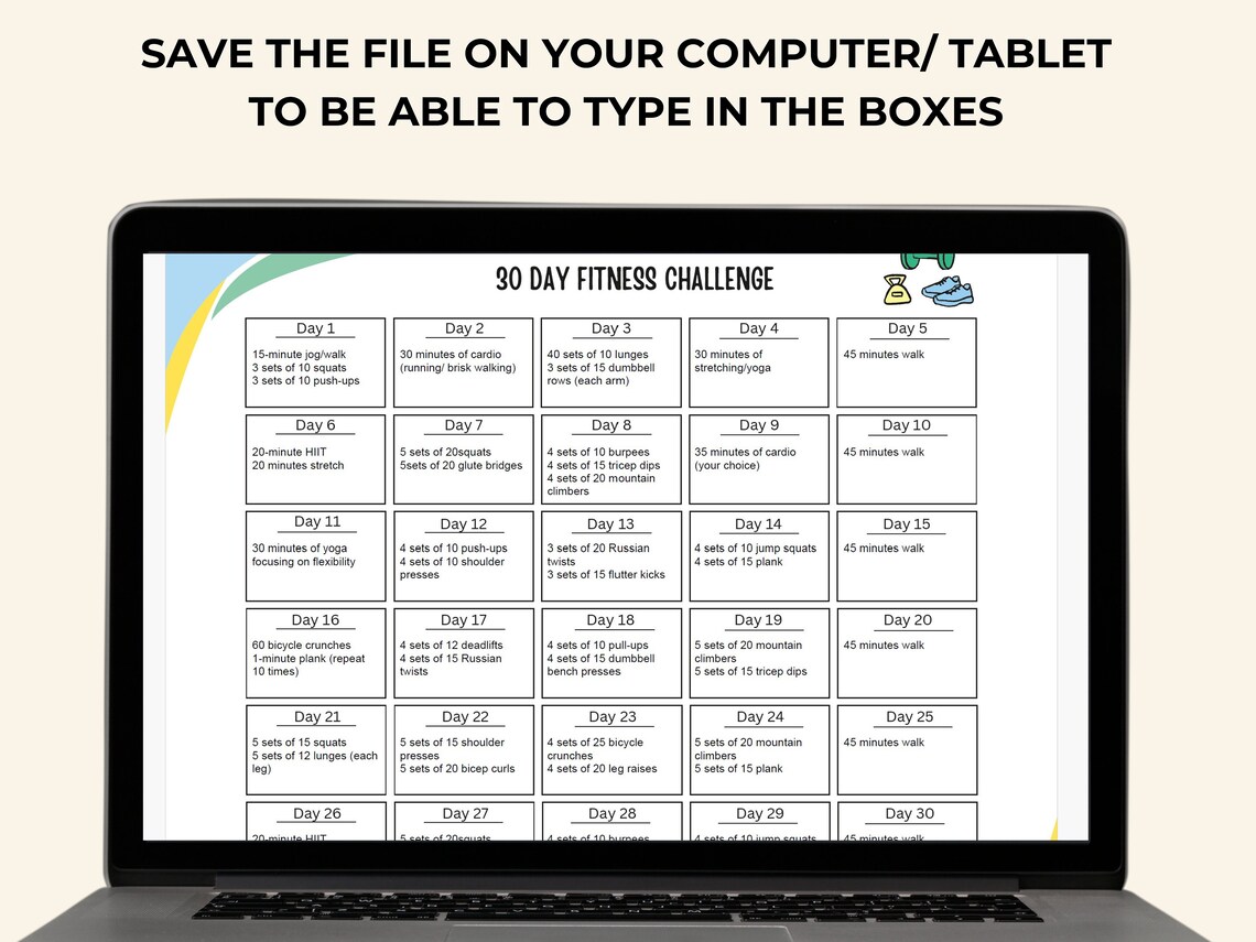 30 Day Fitness Challenge Printable, Home Workout Planner Editable PDF ...