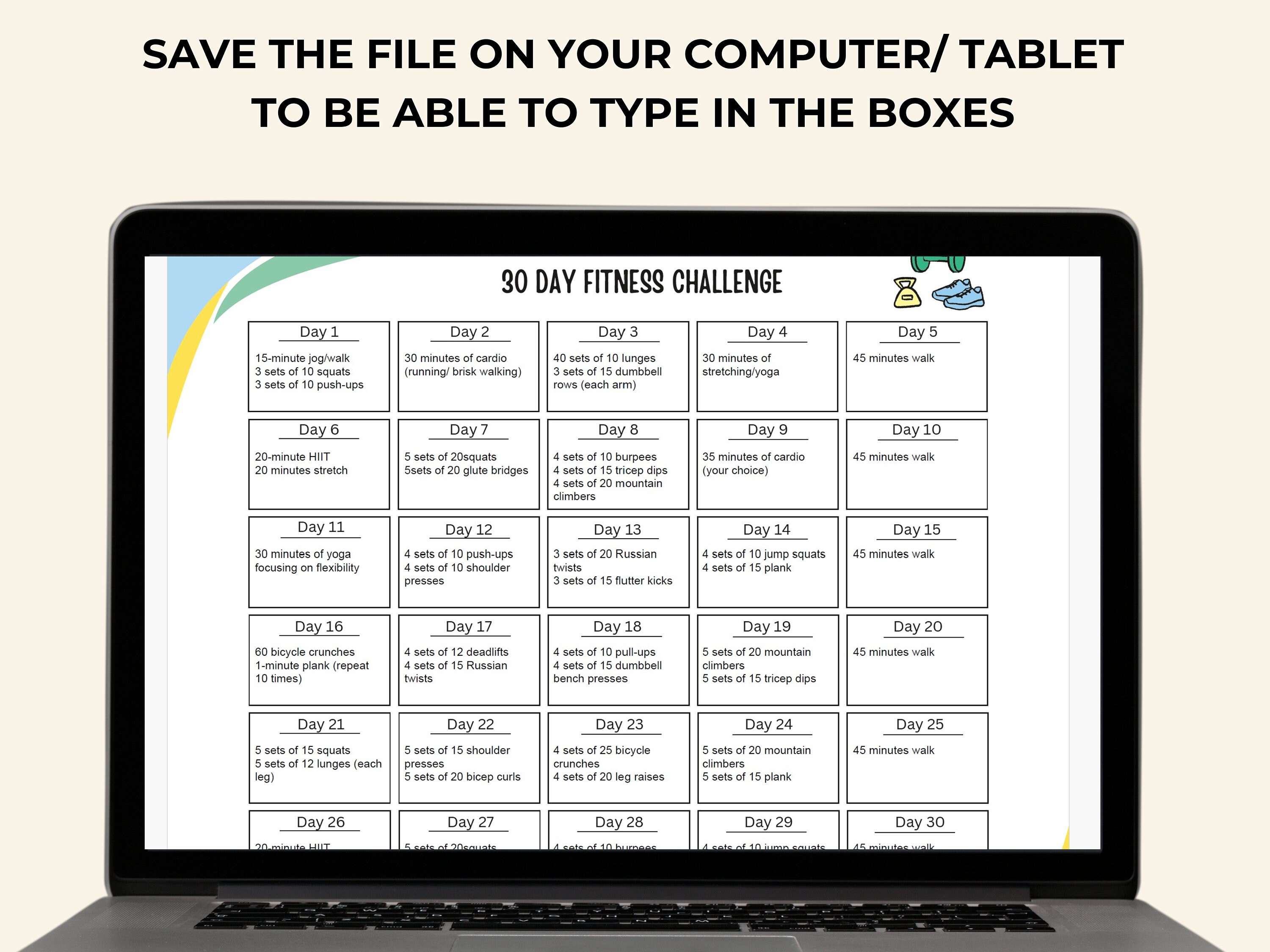 30 Day Fitness Challenge Printable, Home Workout Planner Editable PDF ...