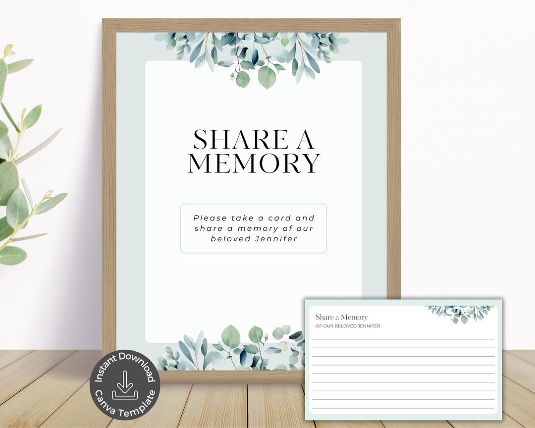 Share a Memory Funeral Sign and Cards, Greenery Customizable Memorial ...