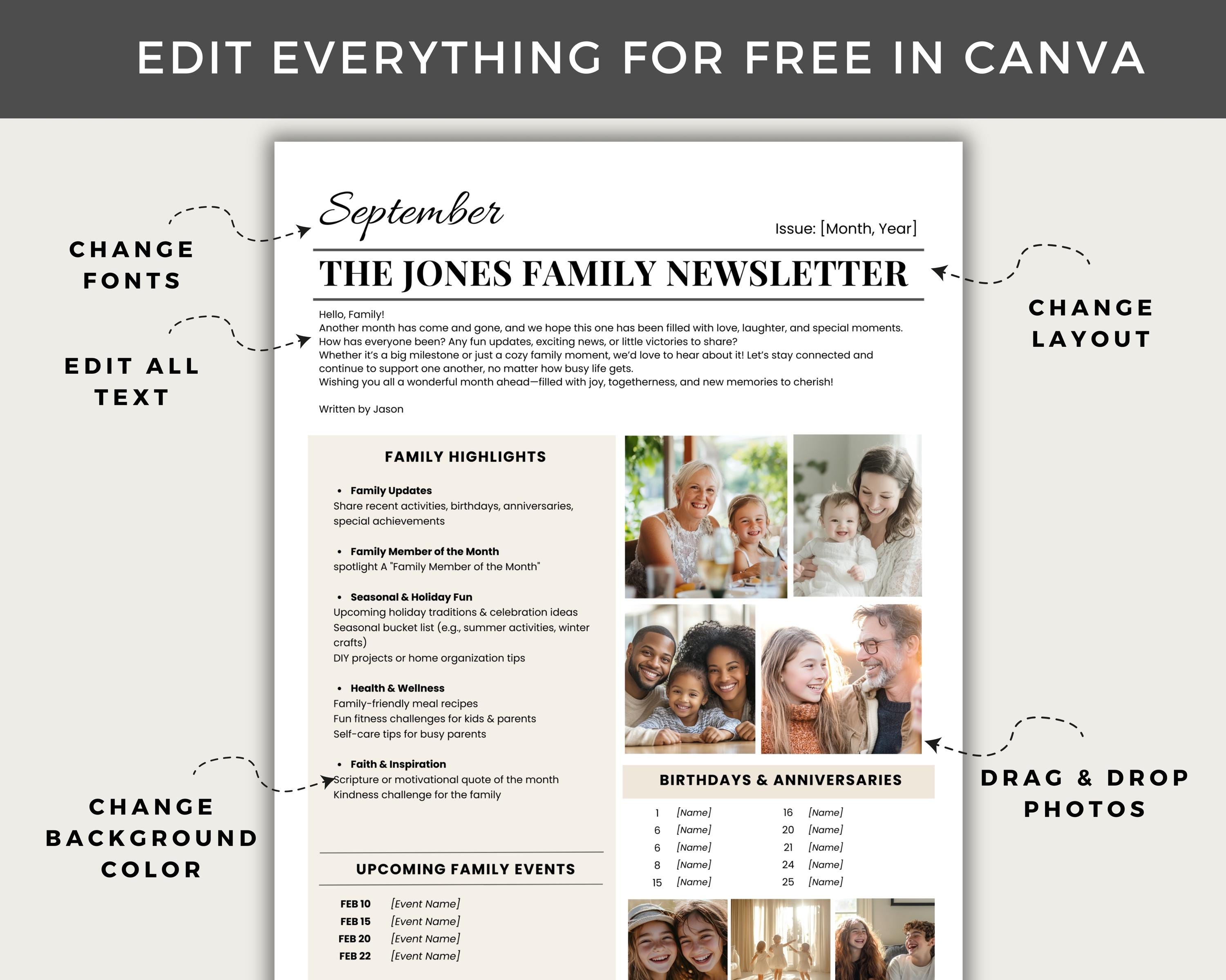 Monthly Family Newsletter With Photos, Family Photo Collage, One Page ...
