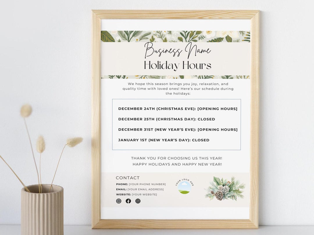 Holiday Hours Sign, Editable Canva Template, Christmas Store Opening ...