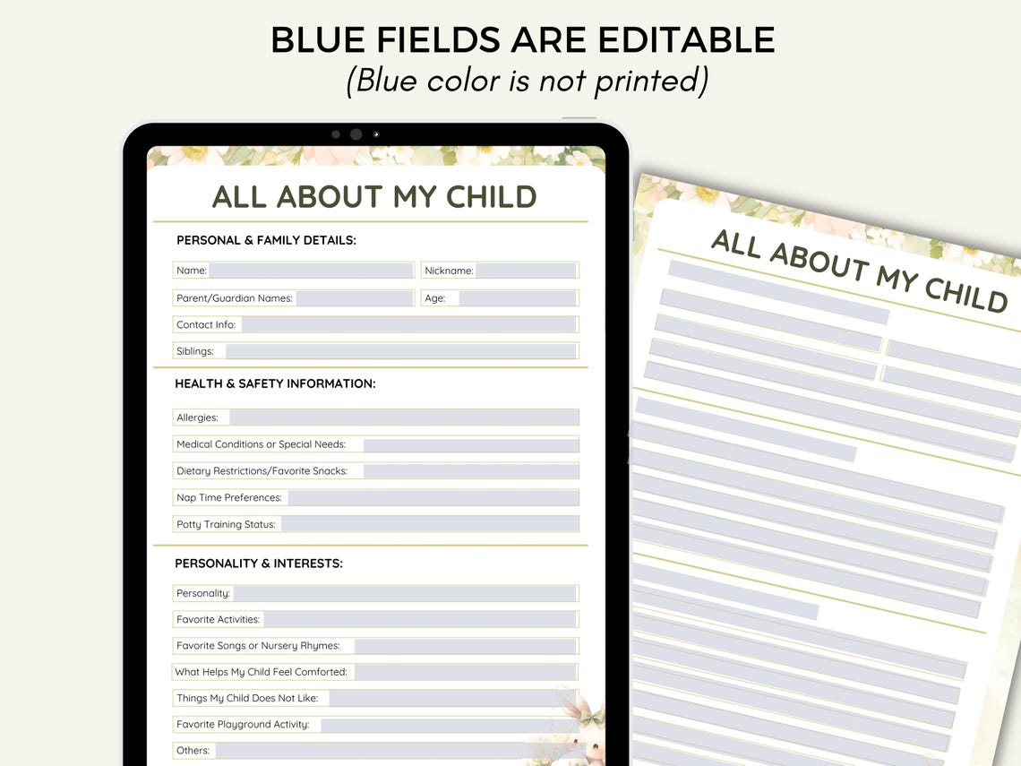 All About My Child Daycare Sheet, Printable Childcare Form, Child Info ...