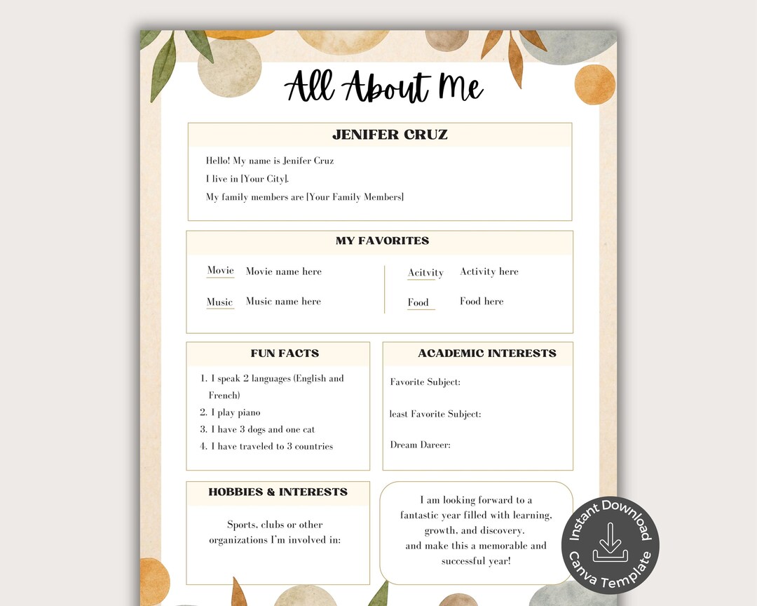 All About Me Boho, Editable Canva Template, First Day of School, Get to ...