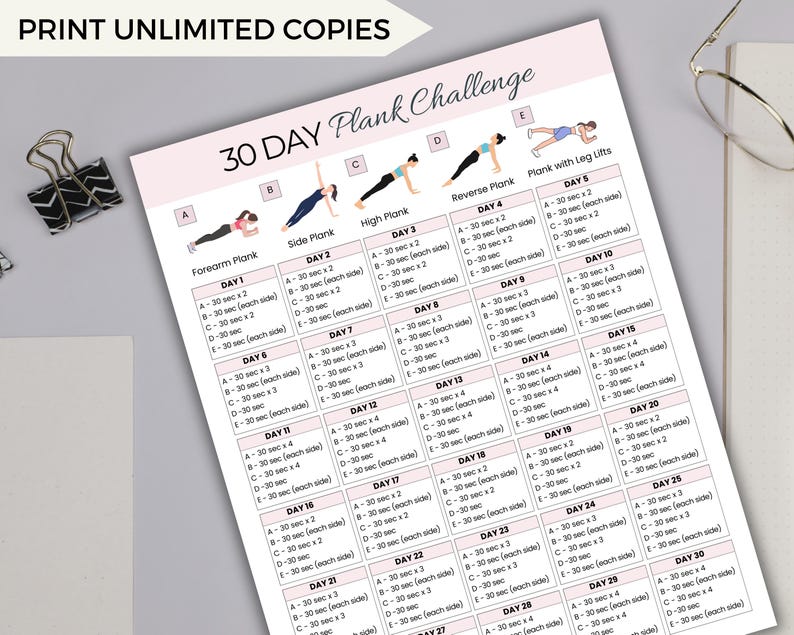 30 Day Plank Challenge Printable, Fitness Guide, Strong Core Workout ...