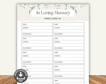 Funeral Guest Book Sign in Sheet, Printable Guest List for Celebration of Life, Minimalist ...