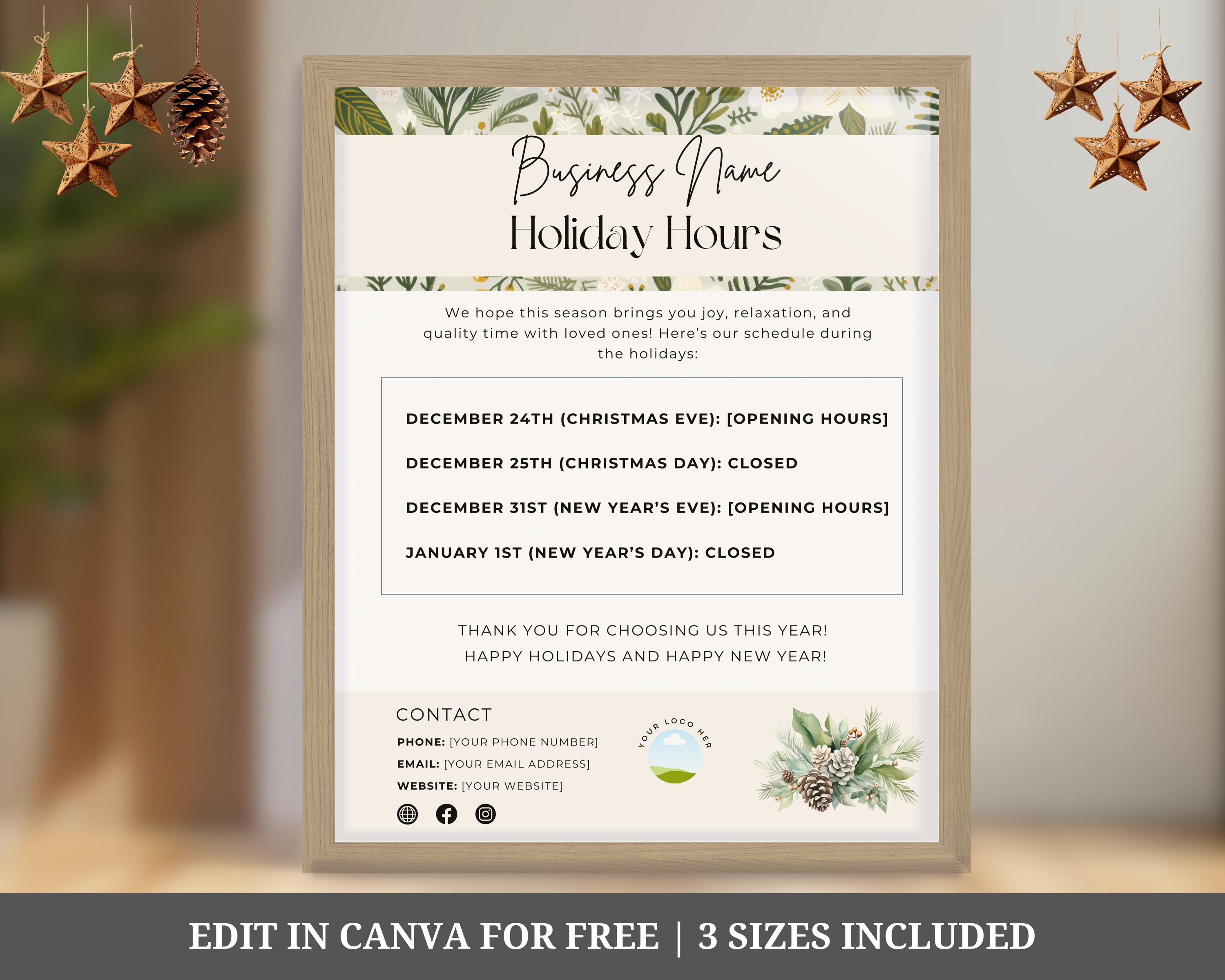 Holiday Hours Sign, Editable Canva Template, Christmas Store Opening Hours, Business Sign ...