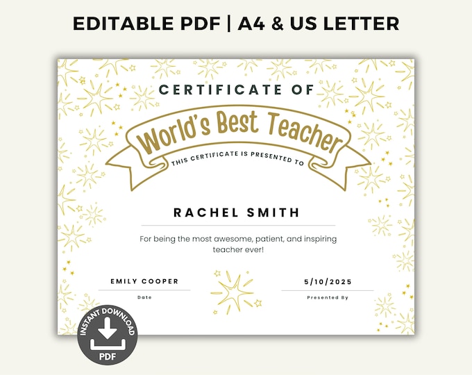 Teacher Appreciation Award, Personalized Certificate (digital Download ...