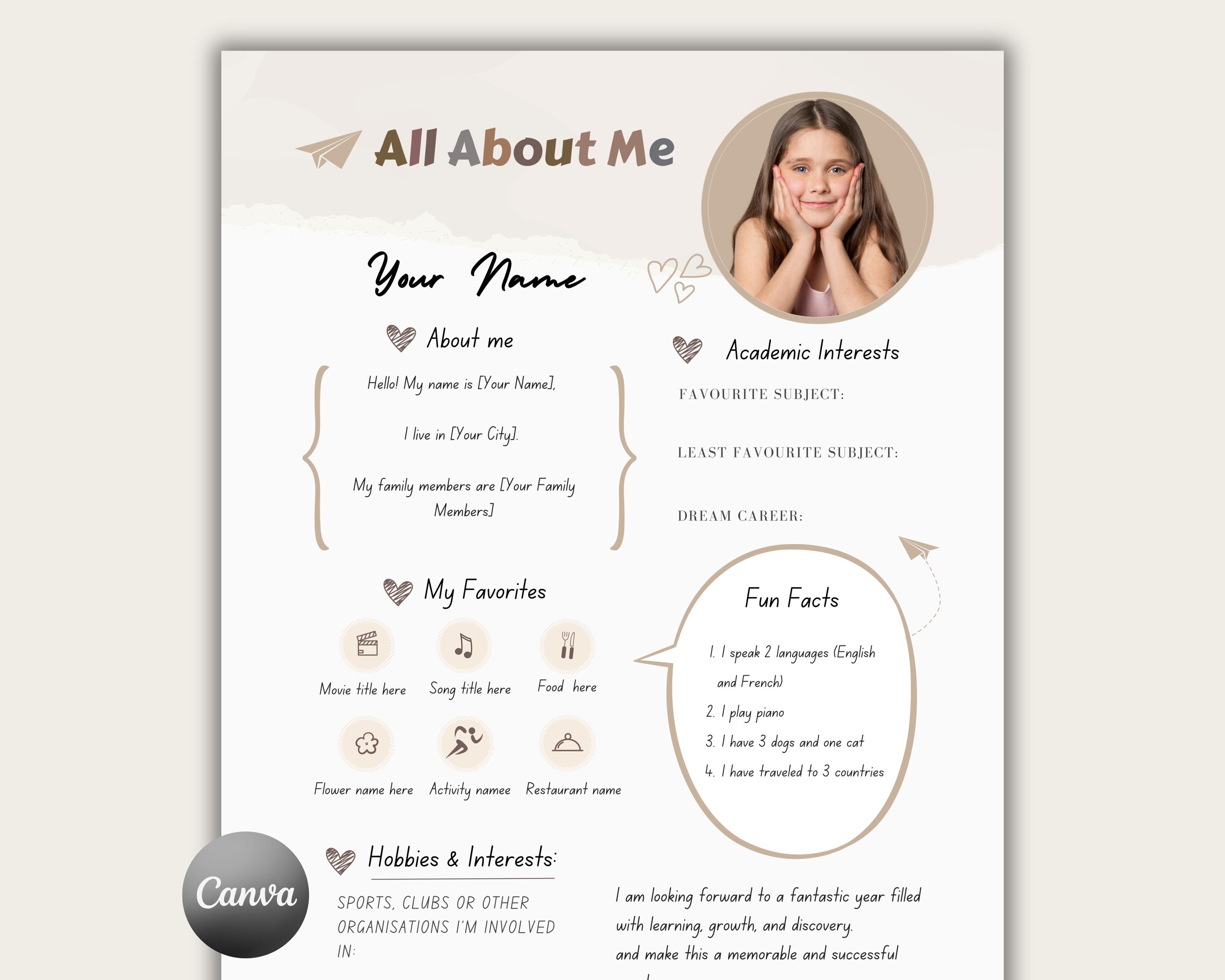 All About Me Editable Canva Template, First Day of School, Get to Know ...