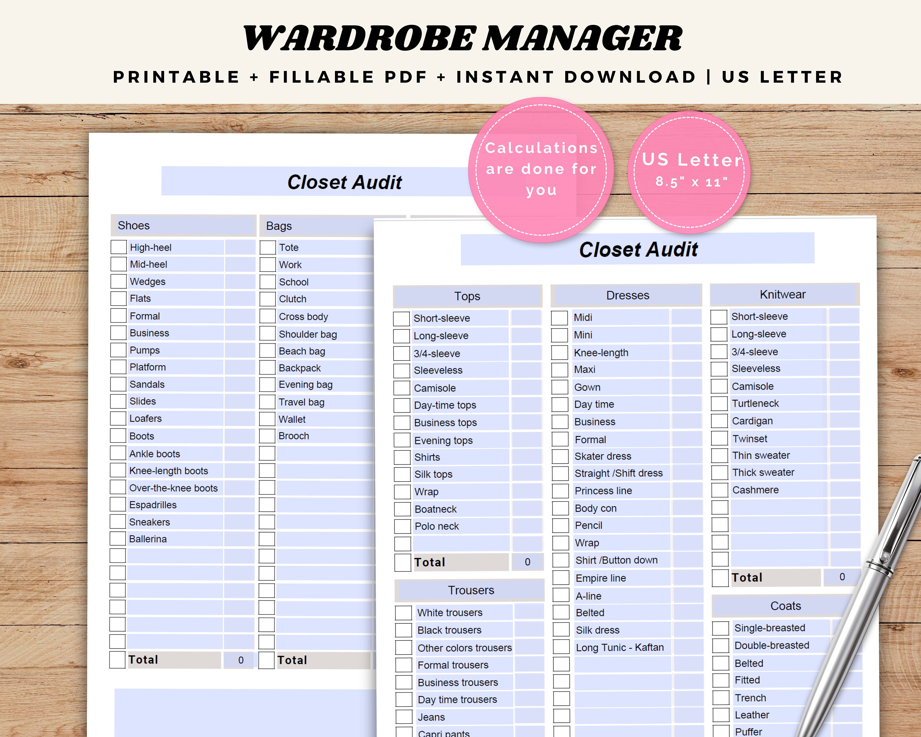 Wardrobe Manager Printable, Closet Audit Fillable PDF, Minimalist ...