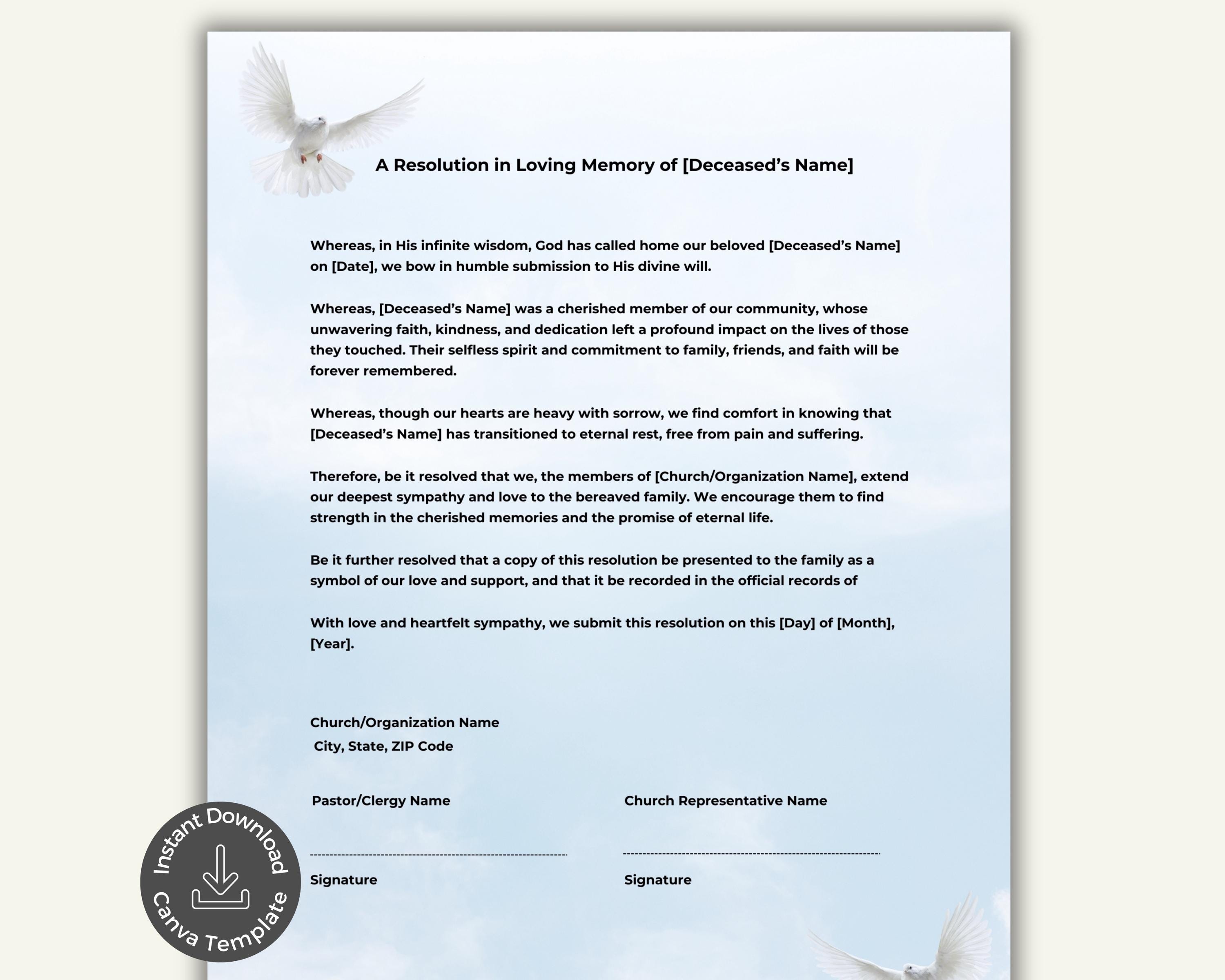 Funeral Resolution for a Pastor, Editable Canva Template, Memorial ...