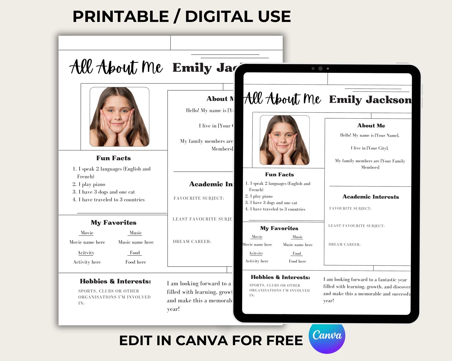 All About Me Editable Canva Template, First Day of School, Get to Know ...