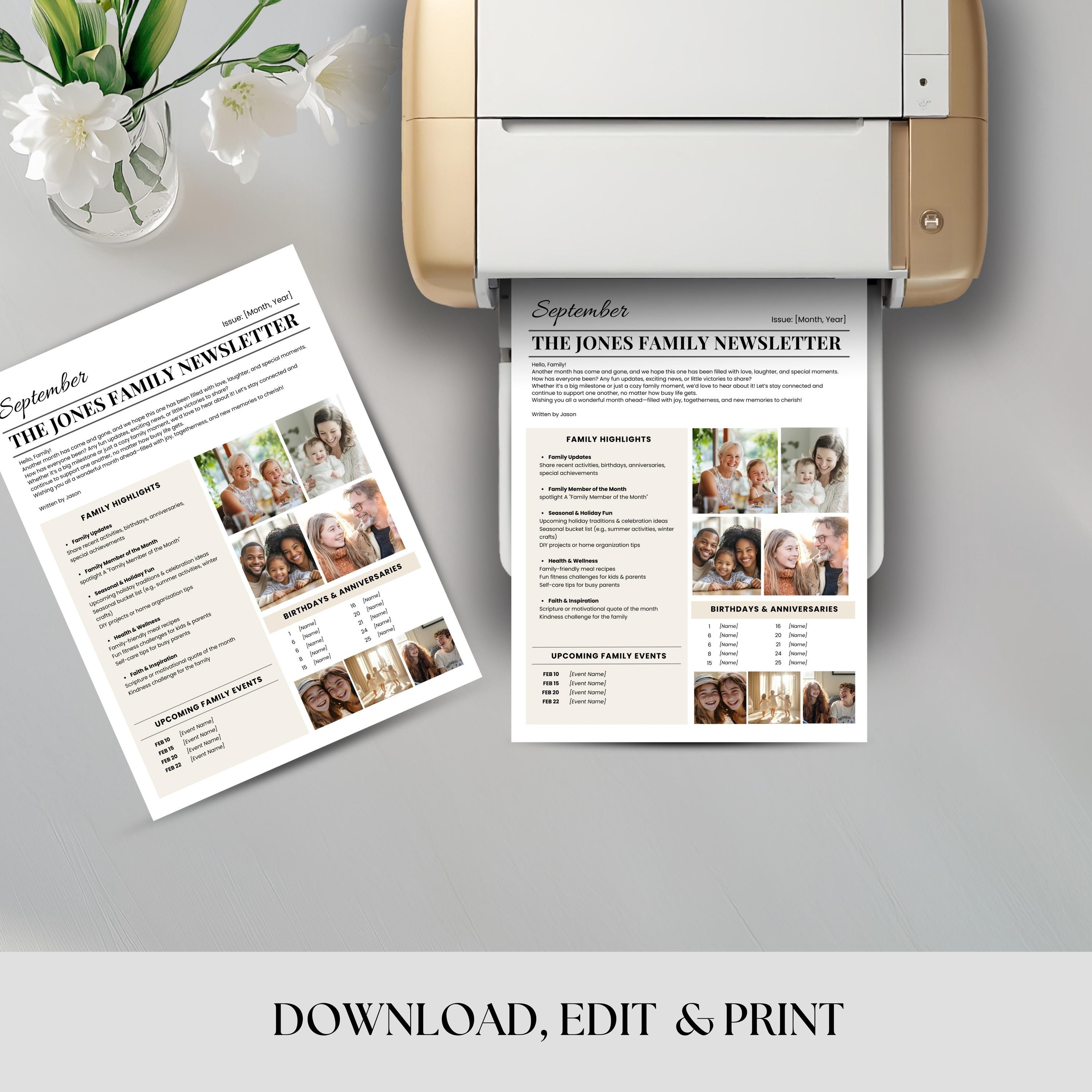 Monthly Family Newsletter With Photos, Family Photo Collage, One Page ...